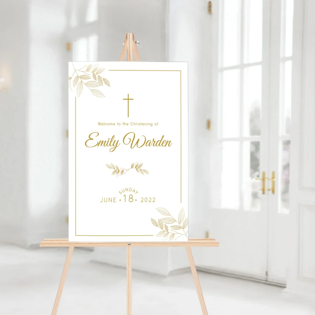 Personalised Christening Sign White Foamboard - Gold Leaves A3/A2 - A ...