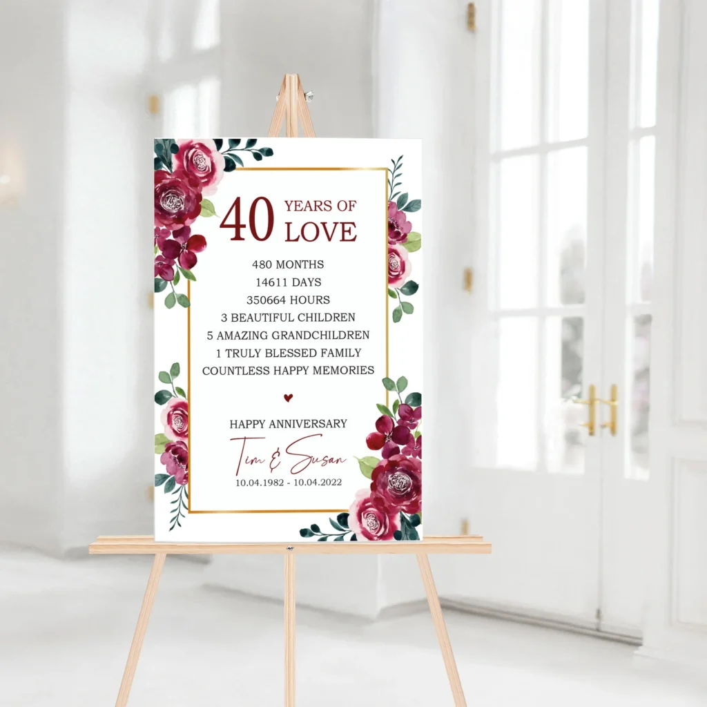 Personalised Ruby Wedding Sign White Foamboard - Red Floral A3/A2 - A ...